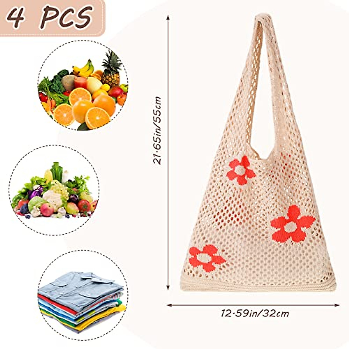 4 Pcs Crochet Tote Bag Y2K Aesthetic Tote Bag Fairy Grunge Tote Bag Fairycore Knitted Cute Beach Shoulder Bag for Women Girls (Flower)