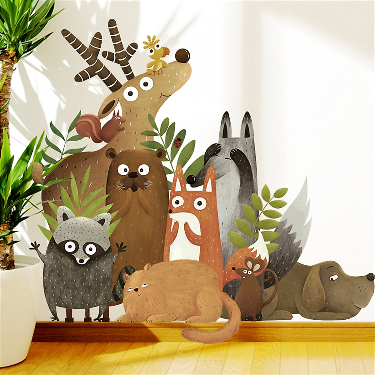 WAFT YEARN Woodland Wall Decals Super Cute Animals Cat Dog Deer Raccoon Fox Squirrel Parrot Wall Stickers for Nursery Kid’s Room School Living Room Bedroom Decoration Murals (Woodland Cute Animals)