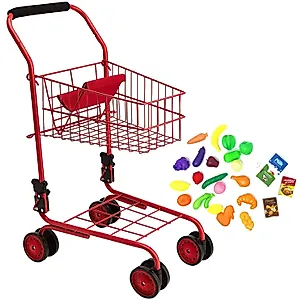 The New York Doll Collection Toy Shopping Cart for Kids and Toddler - Includes Food - Folds for Easy Storage - with Sturdy Metal Frame (Red)