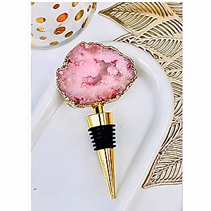 LUXE CRYSTAL CO. Handcrafted Purple Magenta Pink Agate Druzy Gold Natural Crystal Wine Champagne Stopper Handmade Bottle Barware Housewarming Bridal Shower (Pink)