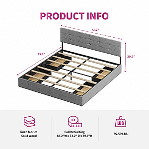 Mixoy Upholstered Platform Bed Frame with 4 Storage Drawers,Cal King Bed Frame with Square Button Tufted Adjustable Headboard, Wood Slat Support,No Box Spring Needed,No Mattress (Cal King,Dark Grey)