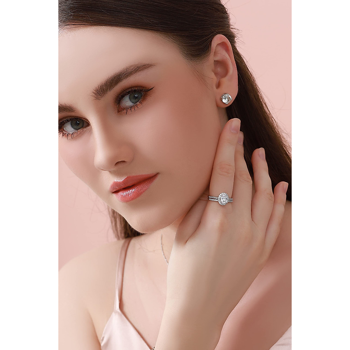 925 Sterling Silver 8x6mm Oval Shape CZ Cubic Zirconia Halo Anniversary Wedding Band Engagement Ring Bridal Set, Sizes 5 to 10 Silver