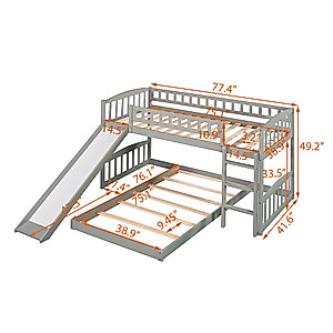 Harper & Bright Designs Low Bunk Bed Twin Over Twin, Wood Floor Bunk Bed with Slide and Ladder, L-Shape Bunk Bed for Kids Toddlers Teens Boys & Girls (Gray)