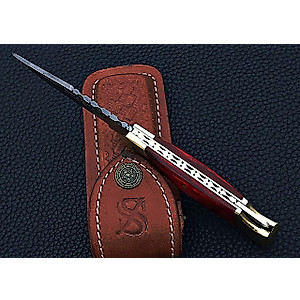 Smart & Sharp Custom Handmade Damascus Steel Folding Knife/Pocket Knife AR-17394 (Red Colored wood) (Red)