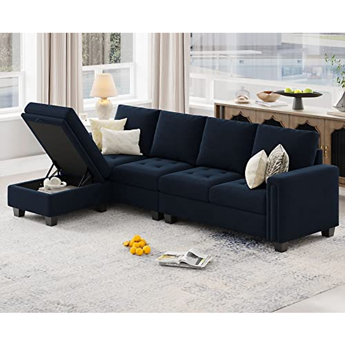 Belffin Velvet Reversible Sectional Sofa with Chaise Convertible L Shaped 4-seat Sectional Couch with Storage Ottoman Blue