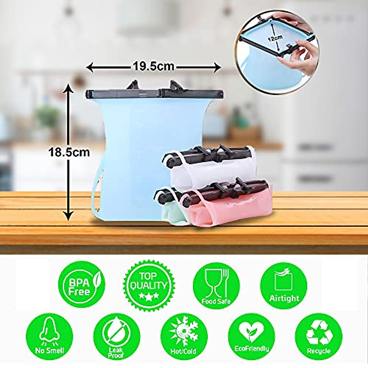 Reusable Silicone Food Storage Dishwasher Safe Food Bags Stand-Up (4 x 33 Oz) Microwave Freezer Bag