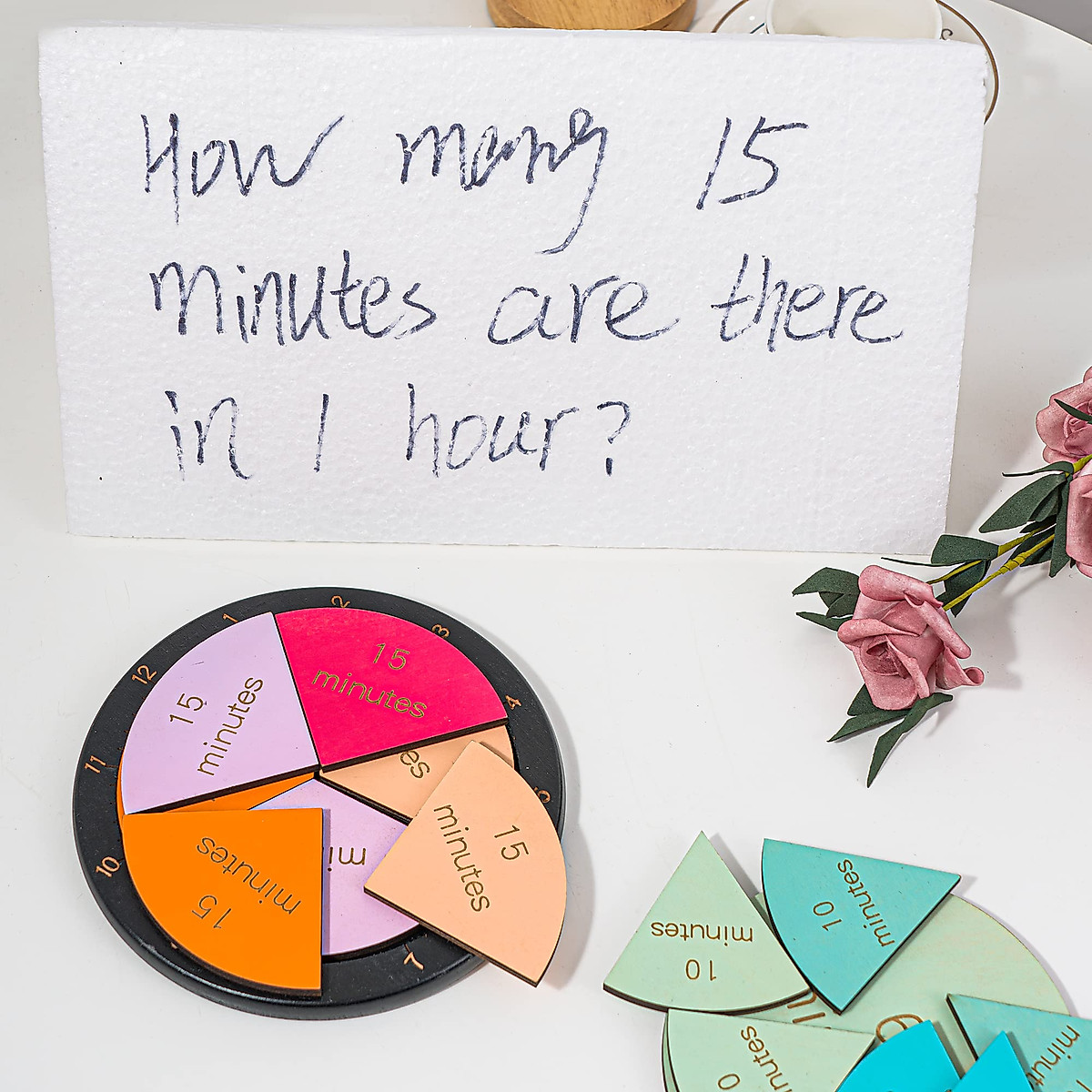 Wooden Montessori Fraction Clock Toy, Math Learning Time Teaching Materials, Set an Hour of Puzzles with Minute Tiles, Learning Clock for Kids, Education Material for Classroom/Homeschool (Colorful)