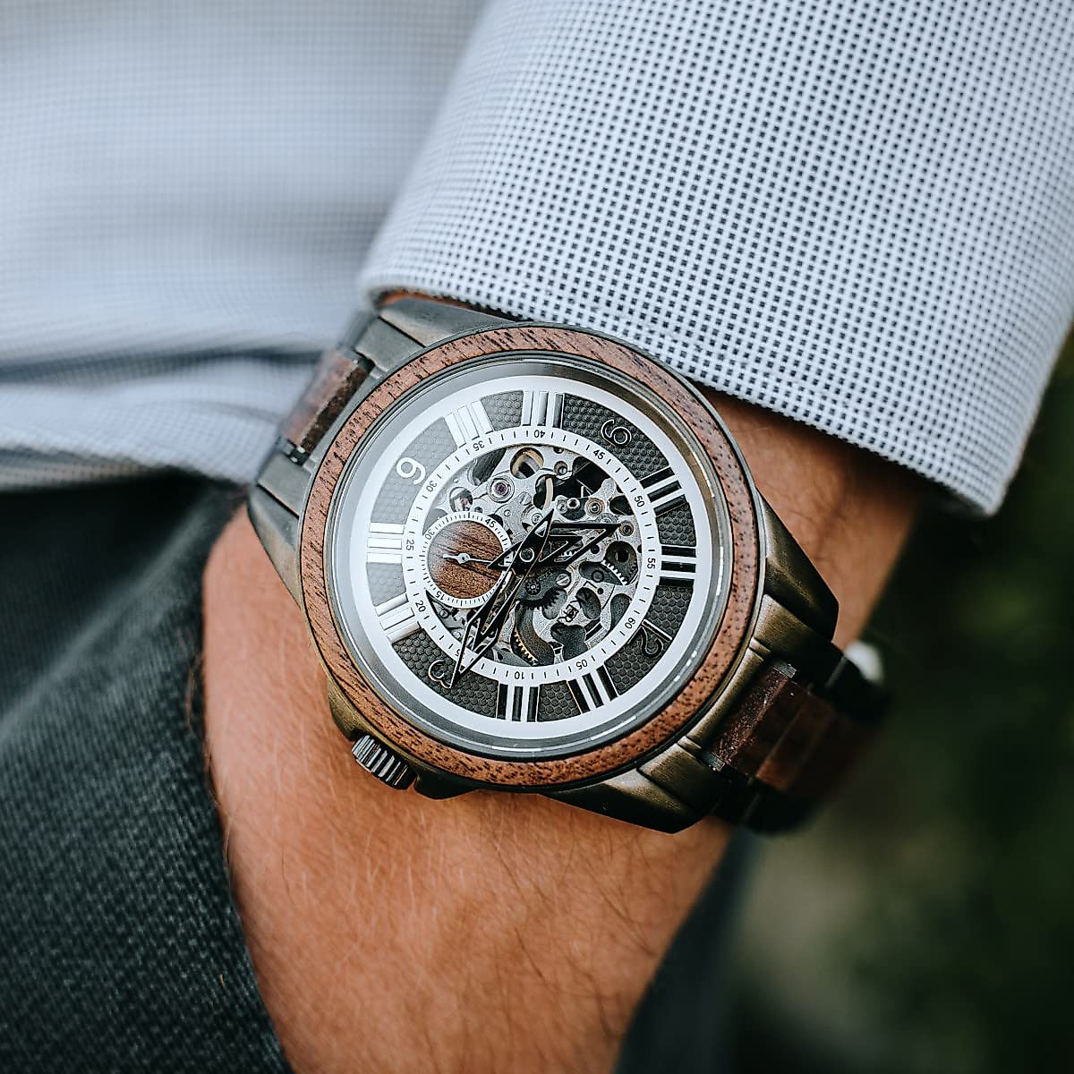 HOLZKERN Jemaa Men’s Watch, 43mm Silver Skeleton Dial, Brushed Stainless Steel Strap, Vintage Watch for Men