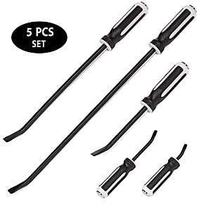 Heavy Duty Pry Bar Set (5 Bar Set - 6, 8, 12, 18, 24 Inch) Metal Striking Hammer Cap, Industrial Grade Forged Iron Steel with Angled Tip, Perfect For Prying, Demolition, Nail Puller, & Crowbar