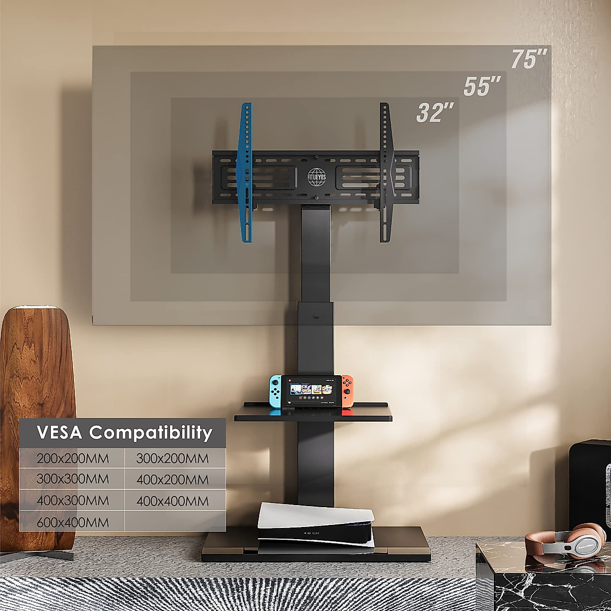 FITUEYES Floor TV Stands with Swivel TILT Mount for 32 39 40 43 49 50 55 60 65 70 75 Inch LCD LED TVs with Iron Base Adjustable Shelf Universal Television Stands for Bedroom and Living Room (Black)
