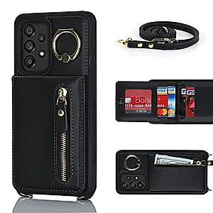 Jaorty Samsung Galaxy A53 5G Phone Case for Women with Card Holder,Samsung A53 Case Wallet Crossbody Lanyard with Strap,Credit Card Slots Kickstand Case with Ring Holder,6.5 Inch,Black