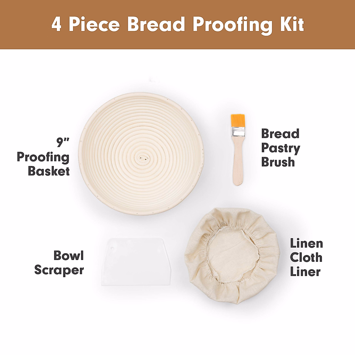 S/P | 9 Inch Bread Proofing Banneton Basket for Sourdough | Including 1×Dough Scraper, 1×Pastry Brush and 1×Cloth Lining | Yummy Artisan Bread Proofing Basket Set for Professionals and Home Bakers|