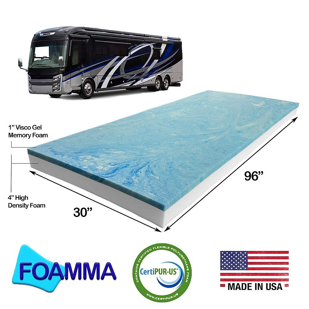 Foamma 5” x 30” x 96” Truck, Camper, RV Travel Visco Gel Memory Foam Bunk Mattress Replacement, Made in USA, Comfortable, Travel Trailer, CertiPUR-US Certified, Cover Not Included