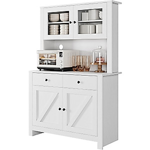 GarveeHome Kitchen Pantry Cabinet with Microwave Stand, Freestanding Hutch Cabinet with Buffet Cupboard, Tall Kitchen Cabinets with Adjustable Shelves for Kitchen, Dining Room, White