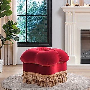 Jennifer Taylor Home Ellen Upholstered Clover Ottoman with Gold Bullion Fringe, Siren Red Performance Velvet