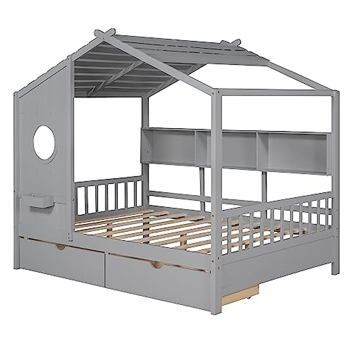 DEINPPA Full House Bed for Kids, Wooden Kids Bed with Storage Drawers and Bookshelf, Built in Window Box Design, Cute Bed for Kids Toddler Boys Girls-Grey