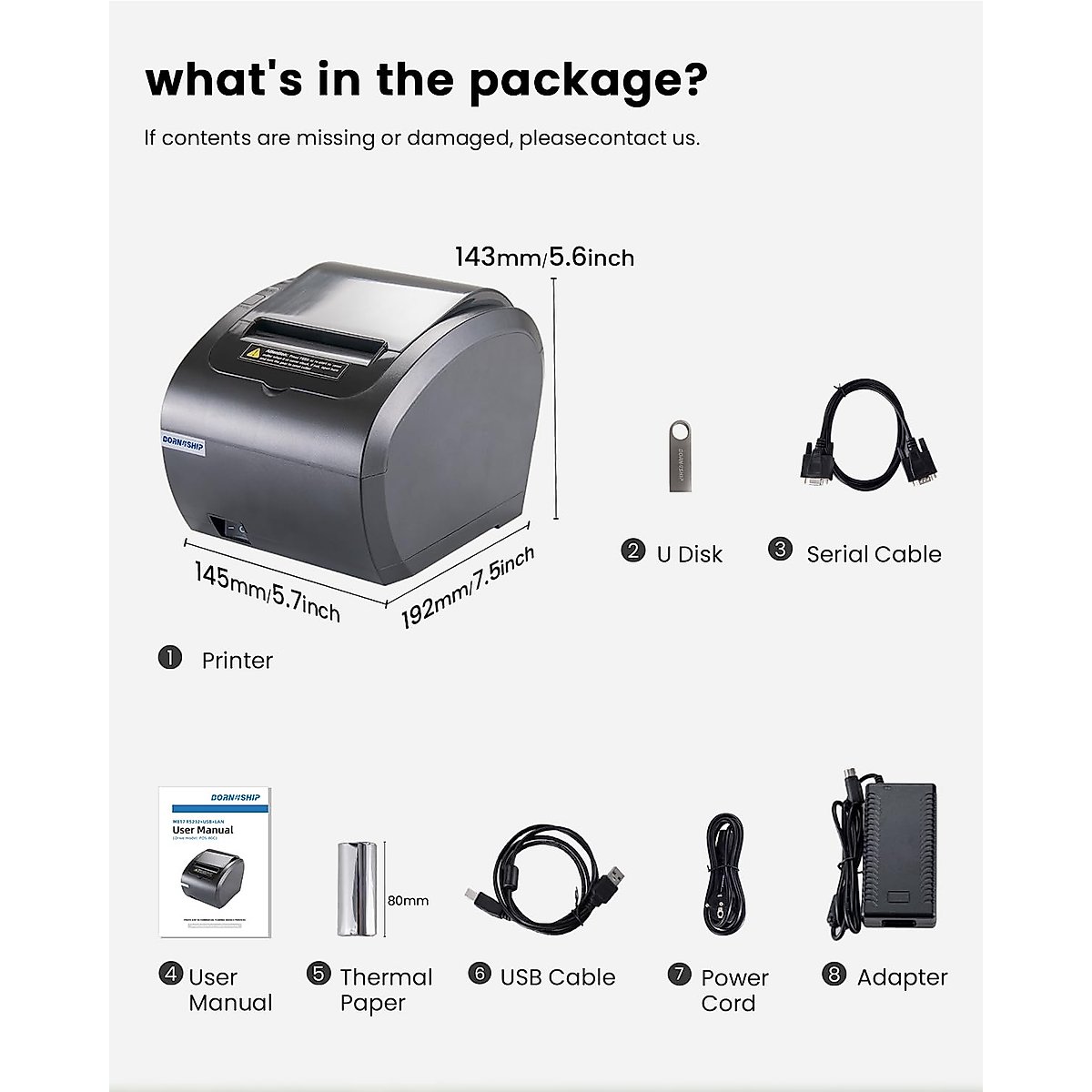 BORN4SHIP 80mm Receipt Printer - Thermal Receipt Printer Easy to Connect, Compatible with Windows/Mac/Linux, Supports USB Serial Ethernet Interface, 260mm/s Low Noise Printing, for ESC/POS (No Square)