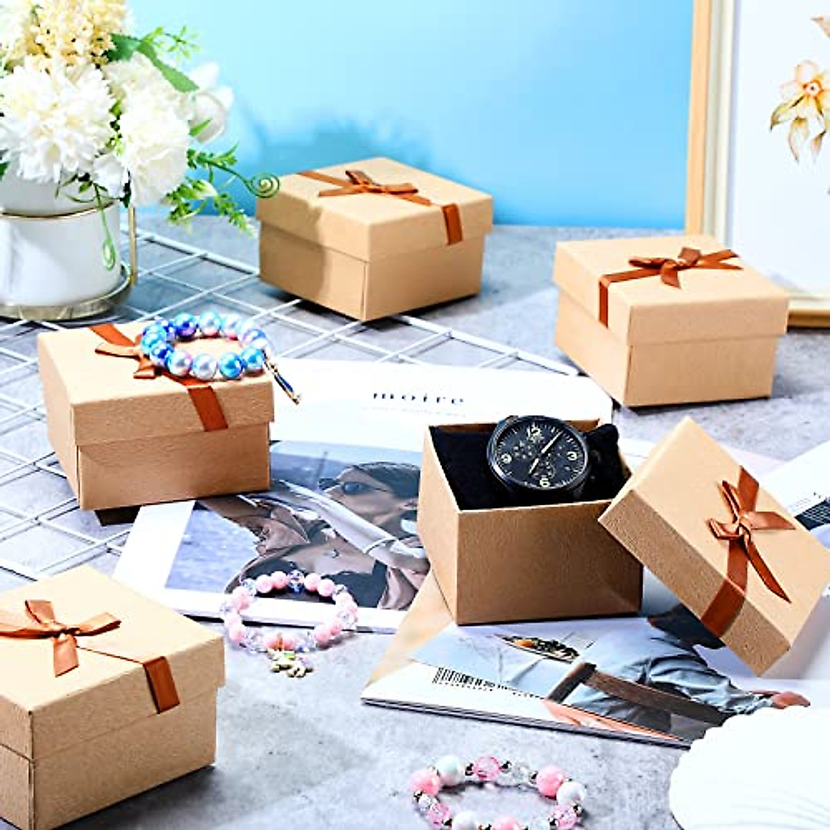 12 Pieces Small Gift Boxes 3.5 Inch Necklace Earring Ring Box Bow Cardboard Jewelry Box Watch Box with Velvet Insert Lids for Keychain