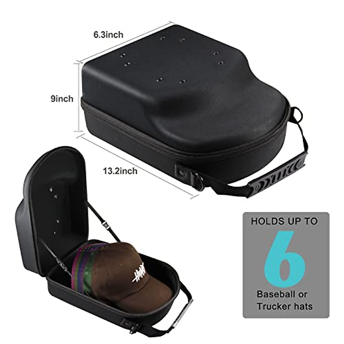Newman iDesign Hat Travel Case: Hard Hat Case with Adjustable Shoulder Strap - Black Hat Holder for Travel Fits 6 Hats - Baseball Hats Organizer for Men and Women