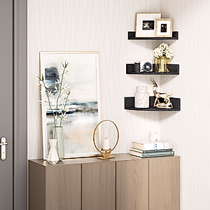 Alsonerbay Black Corner Shelf Wall Mount, Set of 3 Floating Shelves for Wall Storage and Display, Rustic Wood Shelves for Bedroom, Living Room, Bathroom, Entryway, Garage