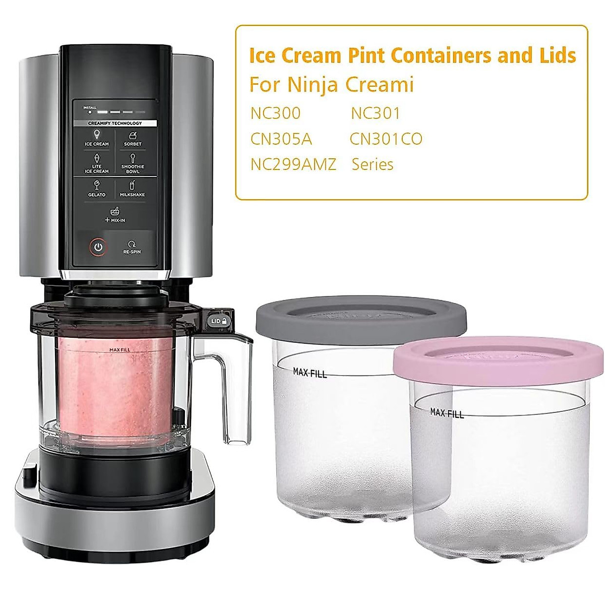 MANHONGYU 4 Pack Ice Cream Containers for Ninja, Replacement Creami Pints and Lids,Airtight Leak Proof,BPA-Free Dishwasher Safe, Grey/Blue/Pink/Yellow