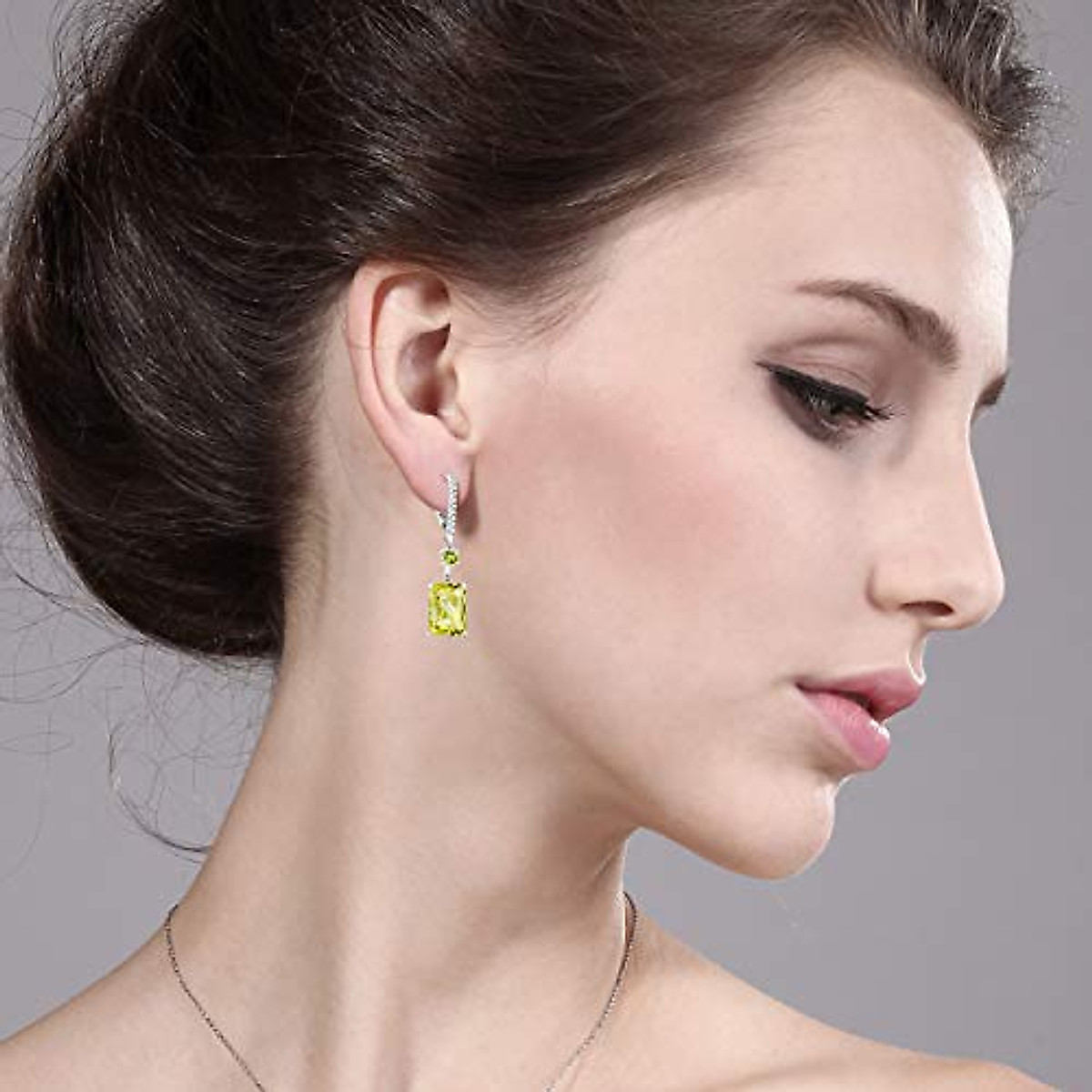 Gem Stone King 14.60 Ct Octagon Checkerboard Yellow Lemon Quartz Green Peridot 925 Silver Dangle Earrings