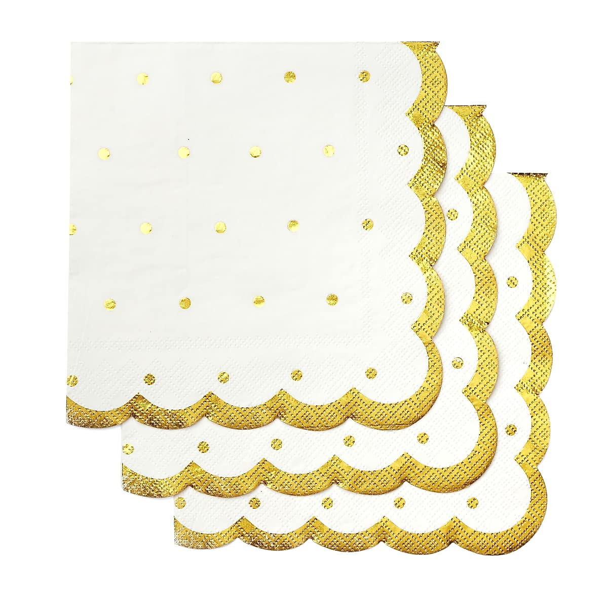 100 Pack White Scalloped Napkins with Gold Foil Edges and Dots for Wedding, Bridal, Baby Shower, Christening, any Occassion, Dinner Luncheon (3-Ply, 6.3 x 6.3 In)