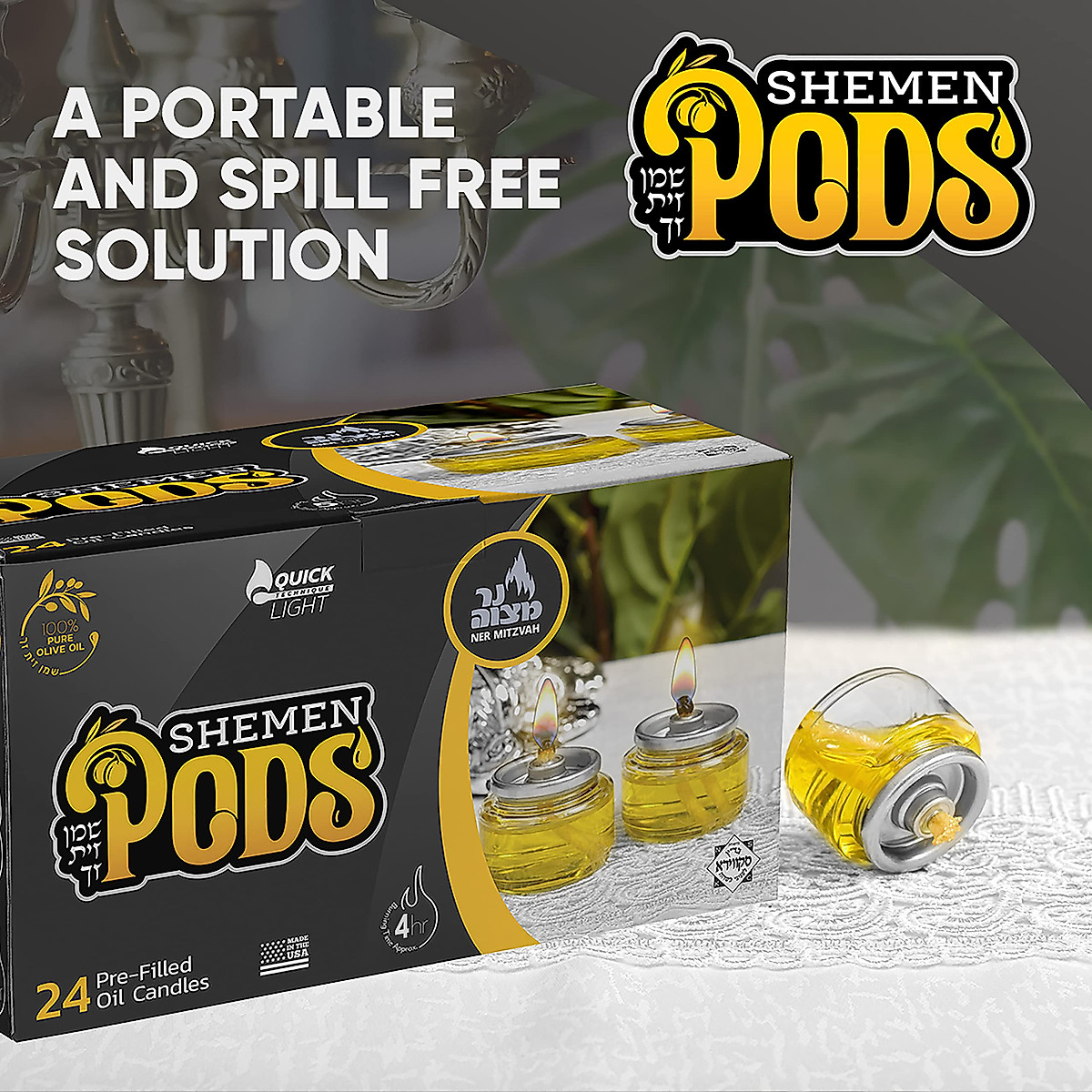 Ner Mitzvah Extra Virgin Olive Oil Shabbat Candles - 4 Hour Olive Oil Candles - 24 Pack Pre-Filled Shabbos Candles with Quick Light Technique