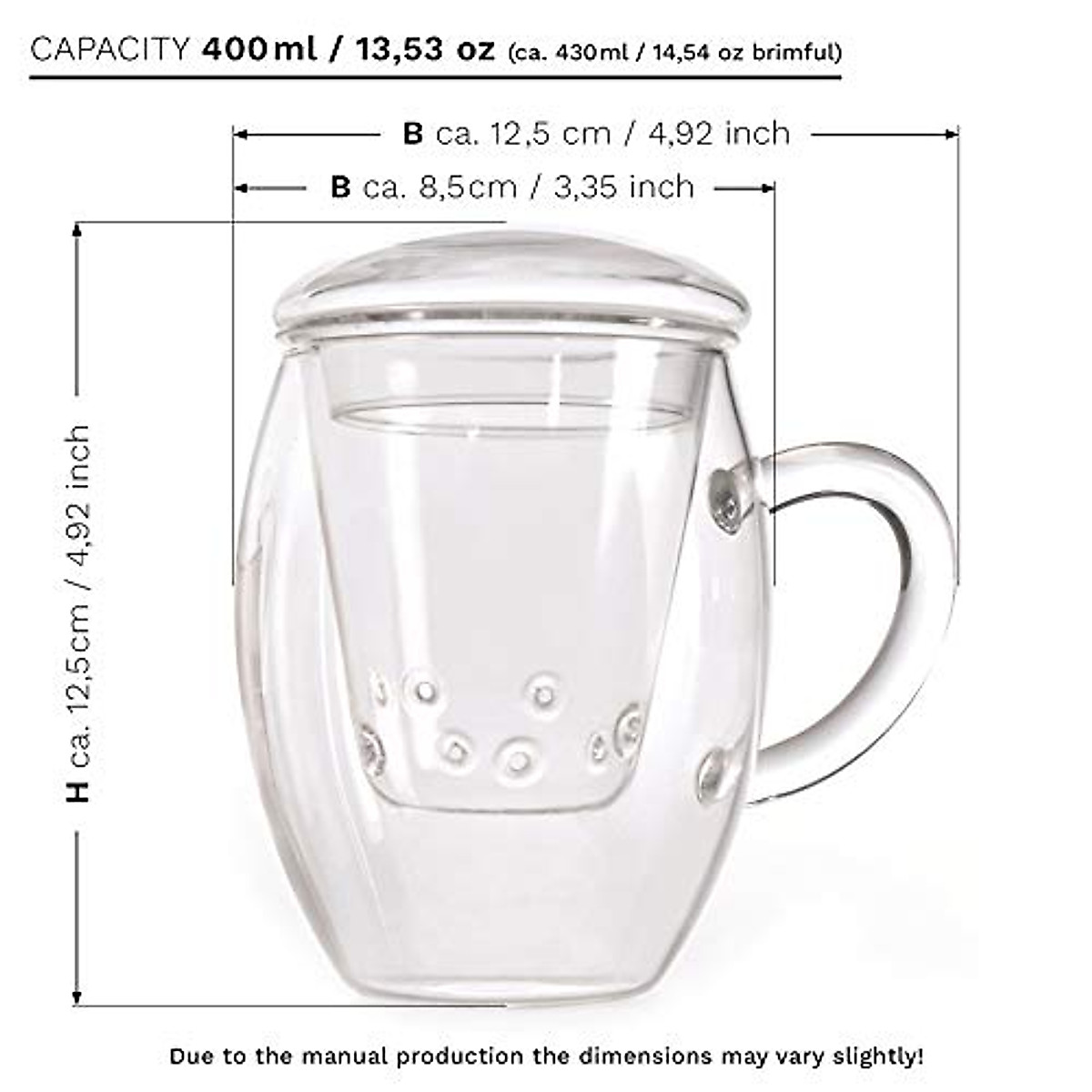 Creano - Tea Glass with Glass Infuser and Lid - Glass Mug with Strainer - Glass Filter - All-In-One - 14oz (400ml)