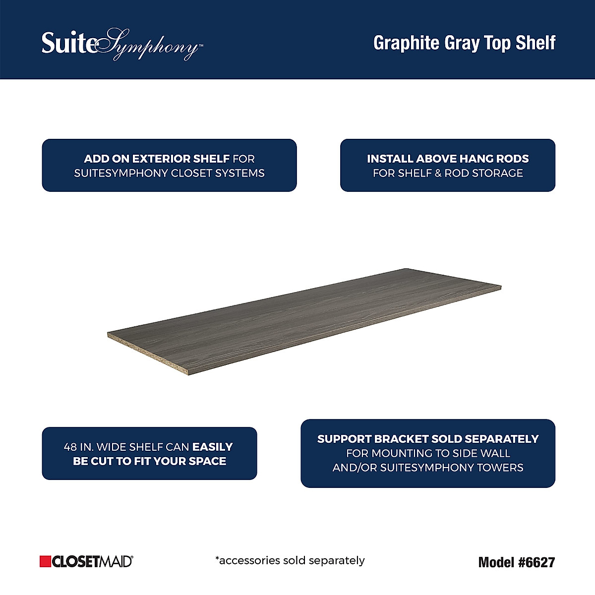 ClosetMaid SuiteSymphony Wood Top Closet Shelf, 48-Inch Wide, Graphite Grey