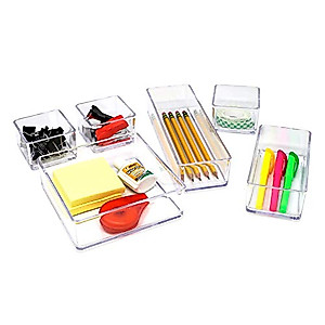Isaac Jacobs 6-Tray Clear Acrylic Organizer Set, (Six Individual Trays), Multi-Purpose, Stackable Storage Solution for Makeup, Crafts, Desk, School, Office Supplies & More, for Bathroom, Kitchen