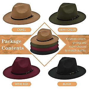 Women Classic Wide Brim Fedora Hat, 4 Pack Retro Panama Hat Wool Fedora Hat with Belt Buckle (Black+Army Green+Camel+Wine Red)