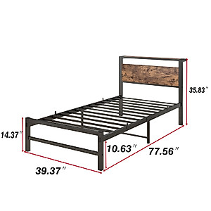 VERFARM Twin Bed Frame with Shelf Storage Wood Headboard, Strong Steel Slat Support, Heavy Duty Metal Platform Single Bed Frames No Box Spring Needed, Easy Assembly, Non-Slip Without Noise