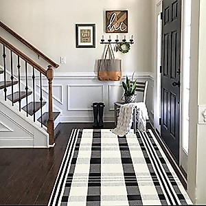 CAINANEL Buffalo Plaid Outdoor Rug Black and White Check Rug 35.4'' x 59'' Cotton Hand-Woven Checkered Front Welcome Door Mat Indoor/Outdoor Area Rug for Front Porch,Kitchen,Entry Way,Living Room