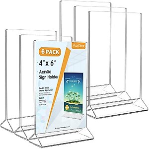 MaxGear Acrylic Sign Holder-Table Card Display-4 X 6 inches Clear Sign Display Holder-Plastic Table Menu Stand -Double Sided Ad Picture Frame for Office, Home, Store, Restaurant, 6 Pack