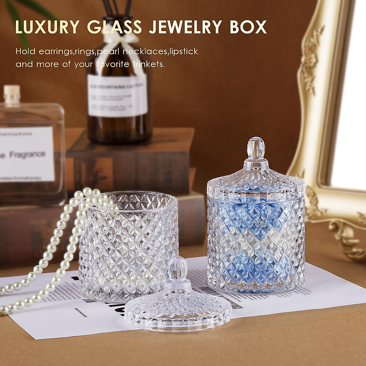 ALAMHI 2 Pack Qtip Holder Cotton Round Ball Holder Set, Apothecary Jars Glass Bathroom Storage jars with Lids for Bathroom Decor, Qtip Dispenser for Cotton Swab,Cutip,Cotton Pad