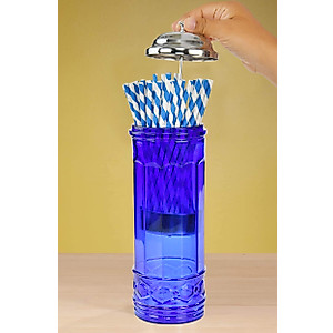 HOME-X Cobalt Blue Glass Straw Dispenser, Straw Holder, Vintage Home Kitchen Accessories, Pop Up Stra Lid Dispenser, Depression Style
