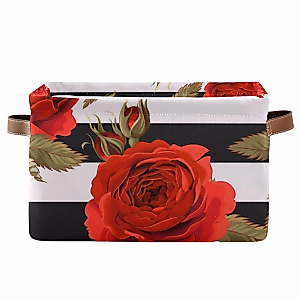 AUUXVA Red Rose Floral Flower Storage Basket Collapsible Cloth Storage Cube Basket Bins Organizer with Handles Rectangular Large Toys Shelf Closet for Nursery Bedroom Home Office