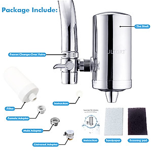 Faucet Water Filter Kitchen Tap Water Purifier Stainless Steel Faucet Mount Water Filtration System Remove Chlorine, Odor, Sediment, Improve Taste (1 Filter Element Included)