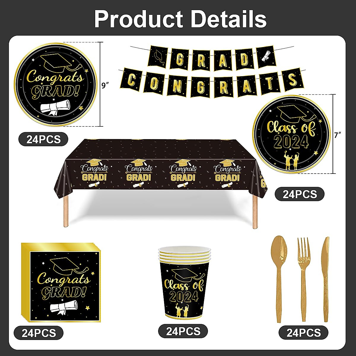 2024 Graduation Party Supplies,Graduation Party Decorations,Black & Gold Disposable Paper Plates Napkins Cups Tablecloth Banner for Congrats Grad (Serves 24)