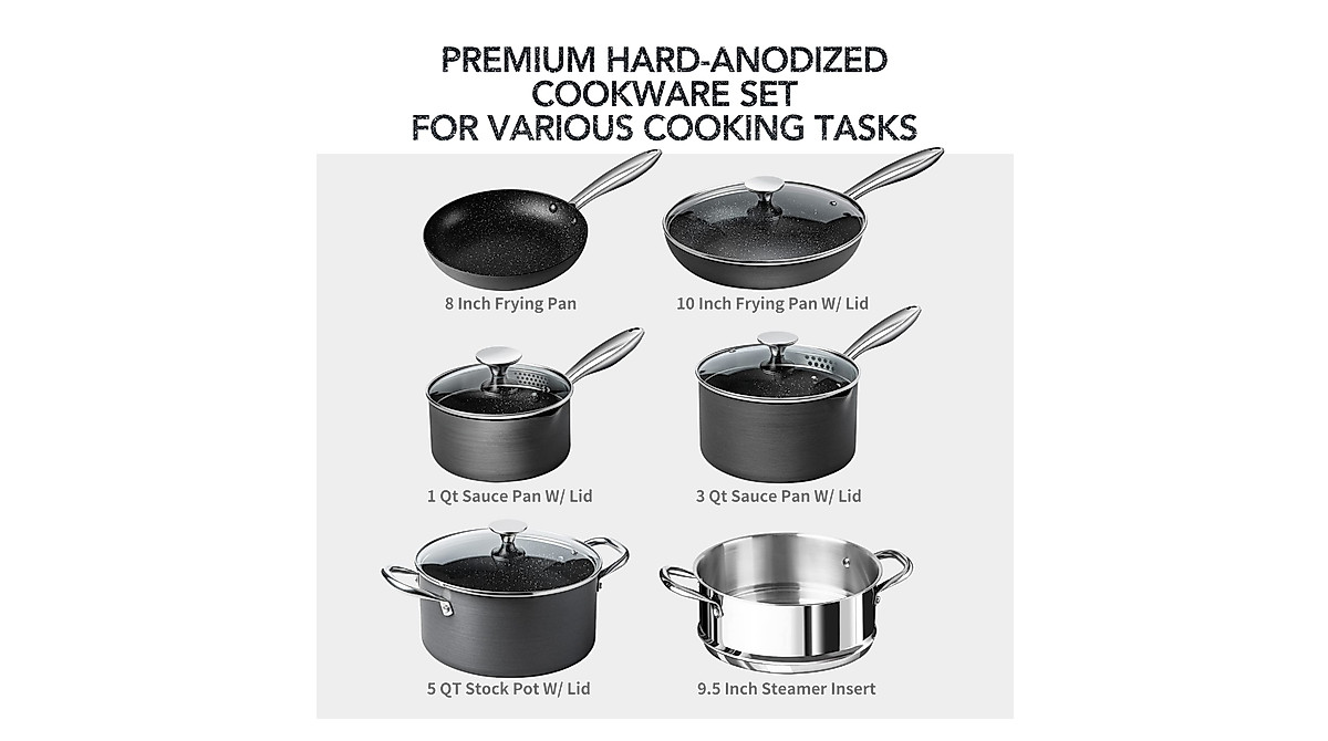 MICHELANGELO 10-Piece Hard Anodized Cookware Set | Non-Stick & Durable