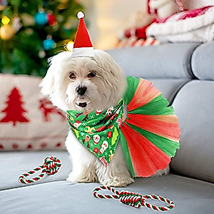 5 Pieces Christmas Dog Costume Set, Include Christmas Adjustable Pet Hat, Red and Green Tutu Skirt, Dog Bandana, Christmas Rope Dog Toy for Small Medium Dog Puppy Cat Pet Xmas Party Accessories