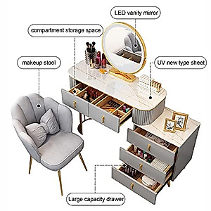Vanity Desk with 3-Color Lighted Mirror, Makeup Vanity Table Set with Drawers, Movable 3-Drawer Chest, Dressing Table with Vanity Cushioned Chair for Women Girls Makeup Room, Bedroom ( Color : White+B