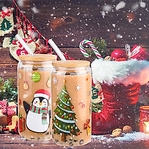 6 Pieces Christmas Can Glass 16oz Coffee Glass Cup with Bamboo Lid and Straw Santa Claus, Elk, Christmas Tree Can Glass for for Water, Juice, Milk, Beer, Whiskey, Vodka and Christmas Party