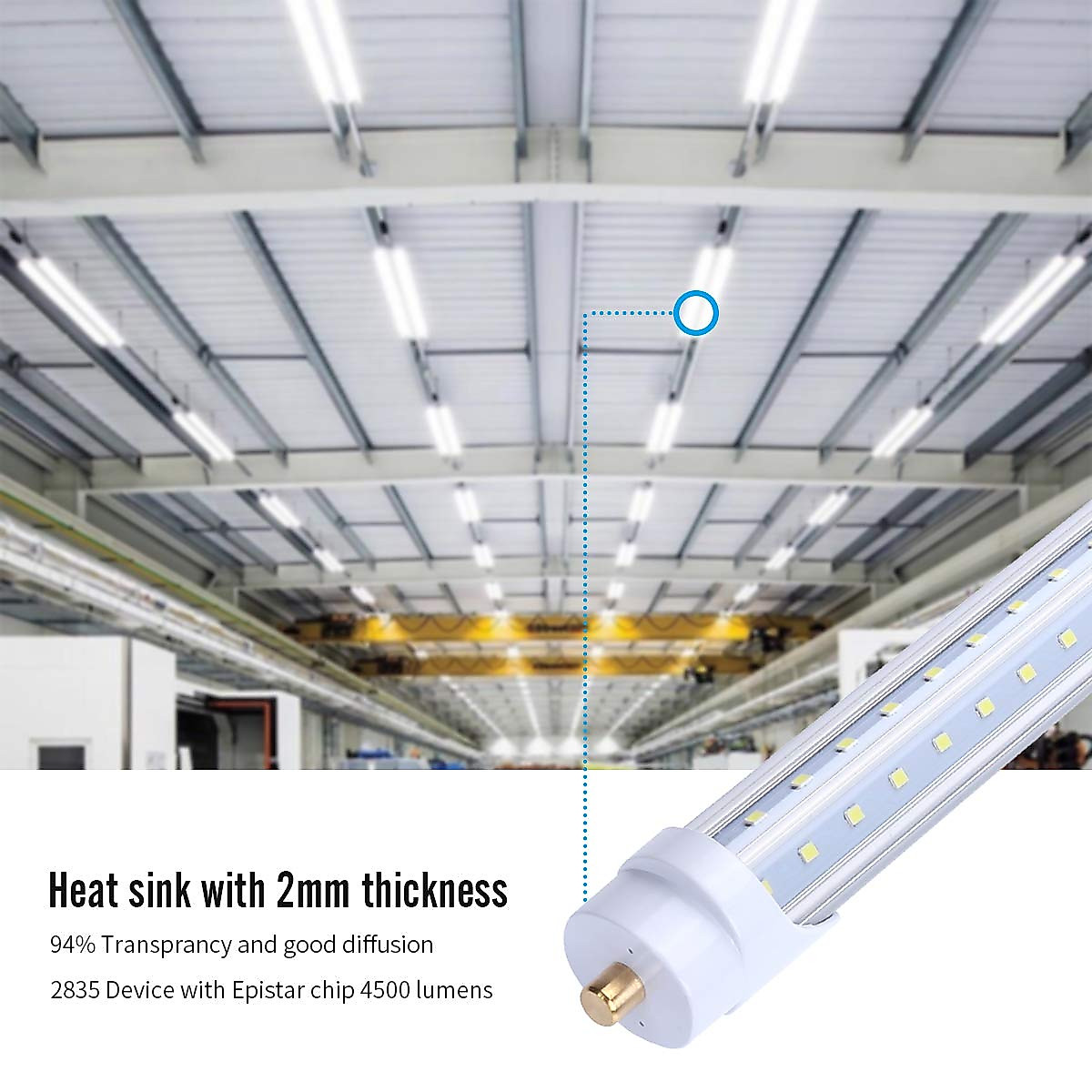 T8 V Shaped 8FT LED Tube Light,Need Bypass Ballast,65W Single Pin FA8 Base 7800LM 6000K Cold White, 8 Foot (Replace 150W LED Fluorescent Bulbs) Dual-Ended Power AC 85-277V 12 Pack