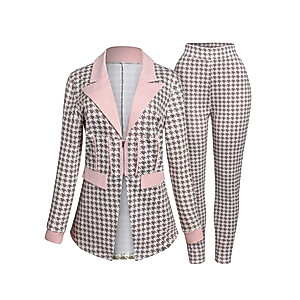Womesn Sexy 2 Pieces Houndstooth Printed Blazer Jackets Bodycon Pants Party Clubwear Tracksuit Outfits Suit Set(Pink,M)