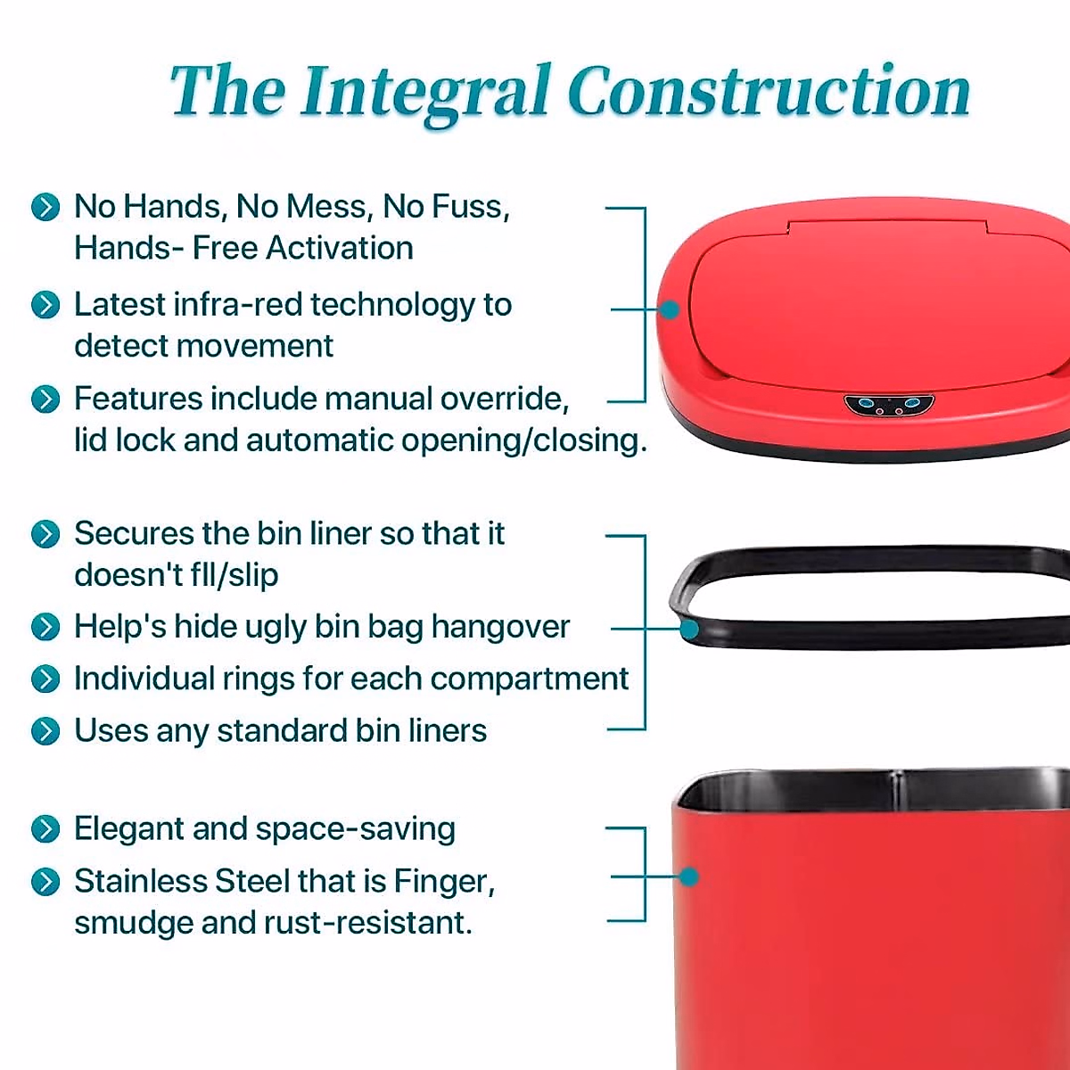 NiamVelo Kitchen Garbage Bin 13 Gallon Automatic Trash Can with Lid, Stainless Steel, Red