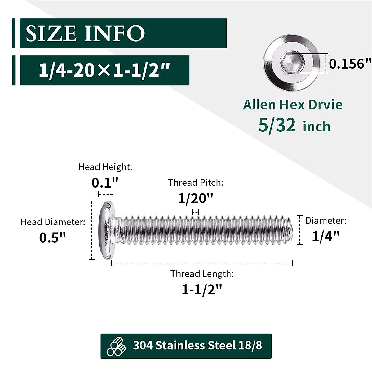 1/4-20 x 1-1/2" Hex Socket Head Cap Screws, 304 Stainless Steel 18-8, Chamfered Countersunk Machine Screws for Furniture, Binding, Machinery, Automotive, DIY Projects, 50 PCS