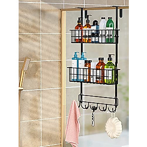 SMARTAKE Shower Caddy Over The Door, Bathroom Shelf with 10 Hooks, Fast-Draining Over Door Bathroom Organizer, Hanging Storage Rustproof for Dorm, Toilet, Bath and Kitchen (Black)