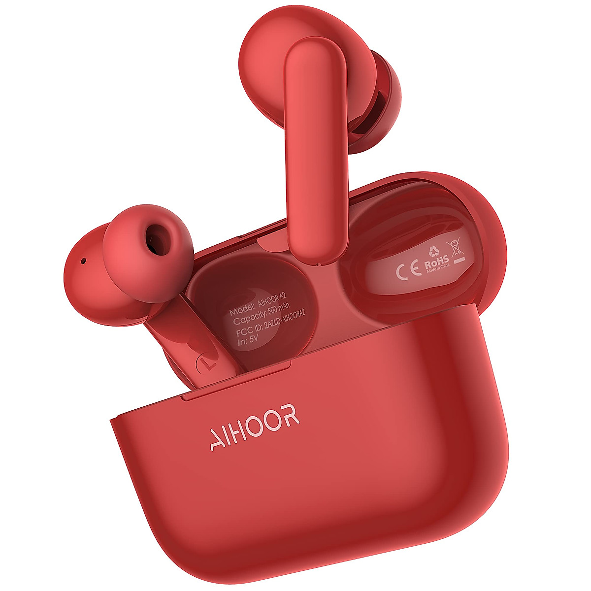AIHOOR Wireless Earbuds for Music and Sports, Bluetooth 5.3 in-Ear Headphones with Extra Bass Built-in Mic Touch Control 30hr Battery Earphones, Waterproof (Red)